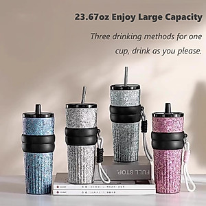 JOEY'S CHOICE 23.67oz/700ml Large Capacity Pure Titanium Double Wall Insulated Tumbler Portable Straw Ice Blaster Car Cup for Milk, Coffee, Water and Juice (Dark Blue)