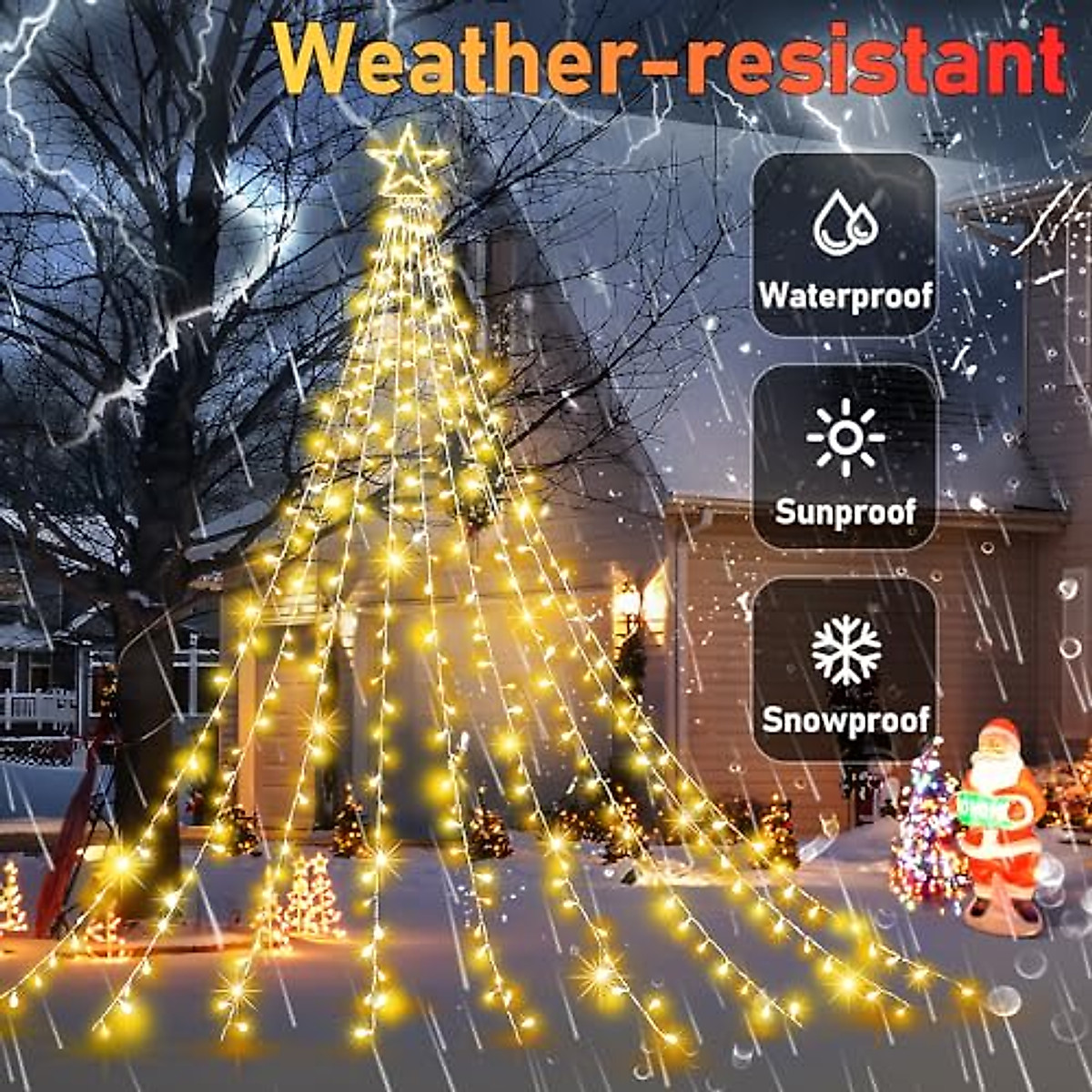 XURISEN Outdoor Christmas Decorations Star Light,11.8 ft 337 LED Waterfall Tree Lights with Topper Star String Lights Plug in, 8 Modes Christmas Lights for Party Home Holiday Decor(Warm White)