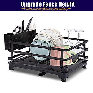 FOOBONG Dish Drying Rack with Height-Adjustable Drainboard,Stainless Steel Dish Drainer with Removable Utensil Holder,Space-Saving Dish Racks for Kitchen Counter (1-Tier, Black)