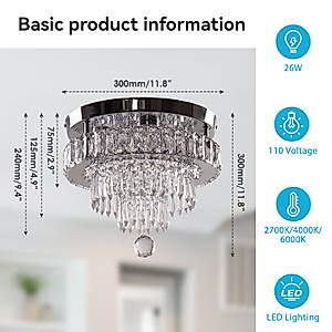 Dimmable Crystal Chandeliers 11.8" LED Flush Mount Modern Ceiling Light Fixtures for Bedroom Dining Room Hallway (2700K/4000K/6500K)