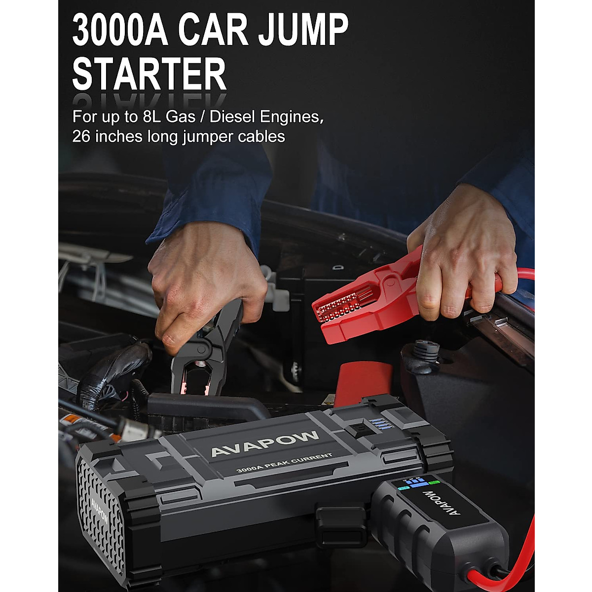 AVAPOW Car Battery Jump Starter 3000A Peak, Jumpstart with Force Start Function, Portable Starters for Up to 8L Gas 8L Diesel Engine with Booster Function,12V Lithium Jump Charger Pack Box