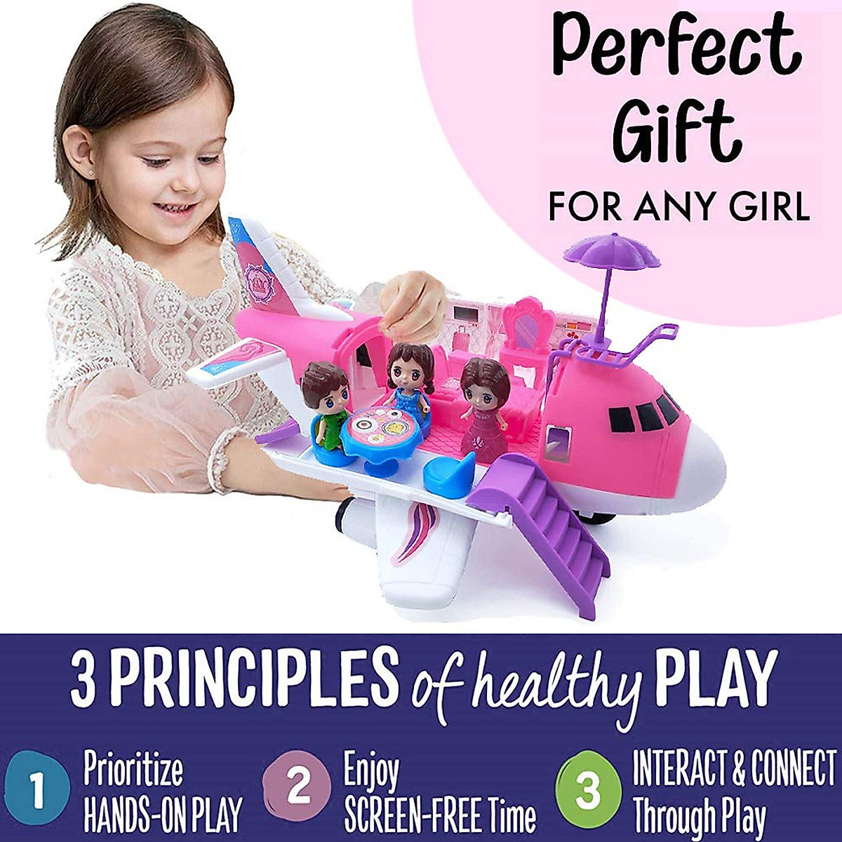 Pink Airplane Toy Private Jet Transport Cargo Vehicle - Big Large Aircraft Plane with Figures and Beauty Accessories Pretend Playset for Toddler Girls