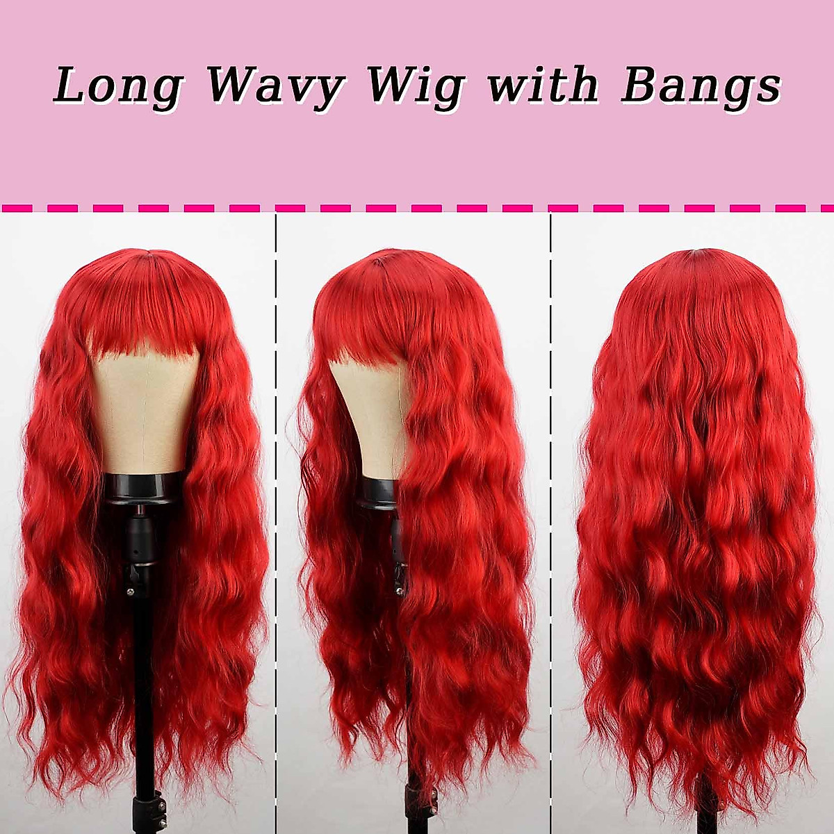 andromeda Red Wig with Bangs Soft Long Wavy Wigs for Women Curly Synthetic Wig Replacement Halloween Costumes Cosplay Party Wigs (Red)