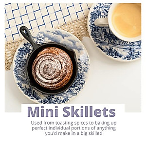 KUHA Mini Cast Iron Skillets 4” - 4-Pack of Pre-Seasoned Miniature Skillets - with 4 Small Silicone Trivets and Cast Iron Scraper