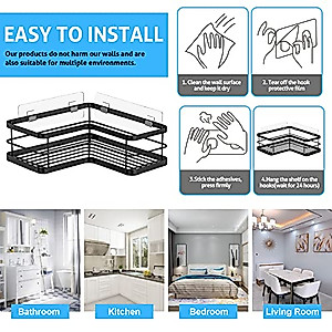homyfort Adhesive Corner Shower Caddy Shelf Basket Rack and Bar Soap Holder with 4 Hooks, Rust Proof No Drilling Shower Organizer Corner Shower Basket for Bathroom Toilet Kitchen Storage, Black