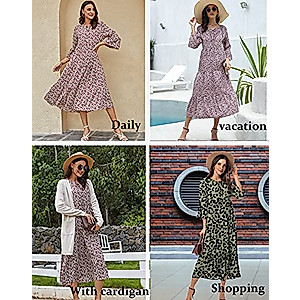 VIISHOW Women's Bohemian Midi Dress 3/4 Sleeve Floral Print Front Tie Neck Ruffle Hem Long Casual Dress(Flower Red,X-Large)