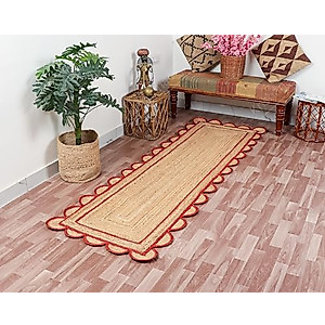 2x3, 2x4, 2x5, 2x6 Ft, Braided Scalloped Jute Rug, Red Scallop Rug, Boho Rug, Natural Jute Rug, Bohemian Rug, Jute Area Rug, Handwoven Jute Rug, Custom Size Rug (2x3 Ft, Area Rug)