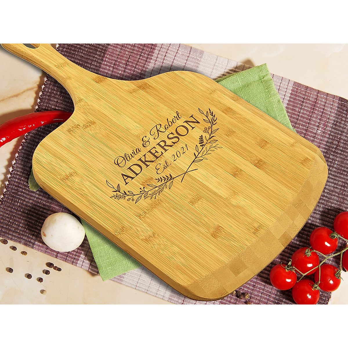 Personalized Bamboo Pizza Board with Handle Customized Wood Serving Cutting Pizza Board with Engraved Custom Name Monogram – Wedding, Anniversary, Housewarming, Birthday, Mom, Dad Gift