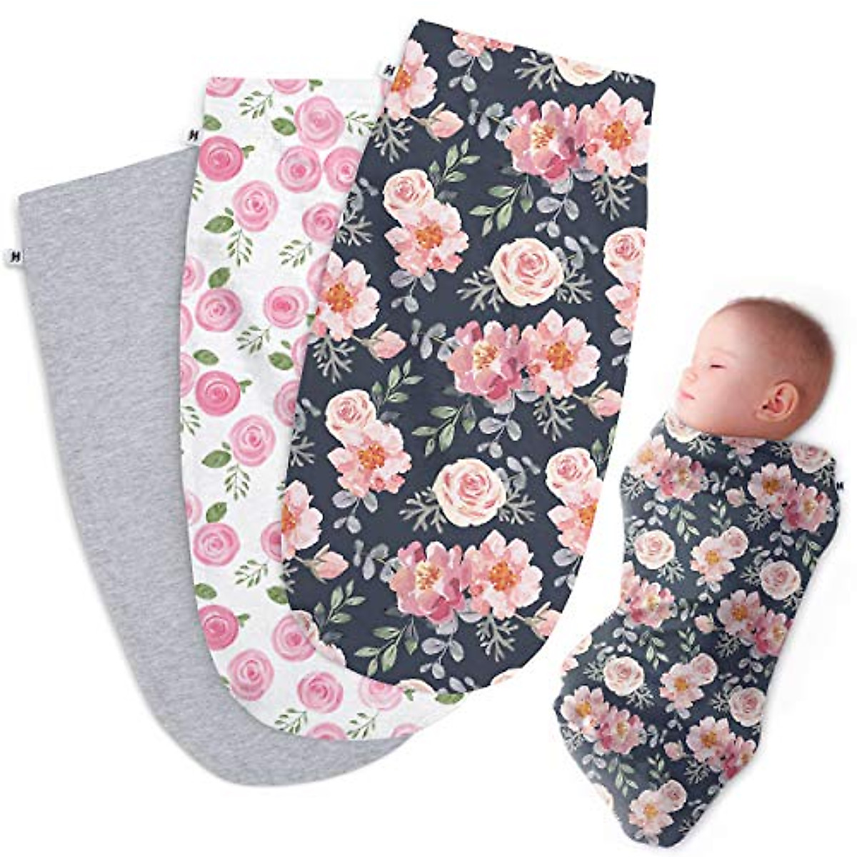 Henry Hunter Baby Swaddle Sack | The Simple Swaddle | Soft Stretchy Cotton Swaddle Blanket for Newborns | Baby Swaddles 0-3 Months, Pack of 3 (Garden | Rose | Light Heather)