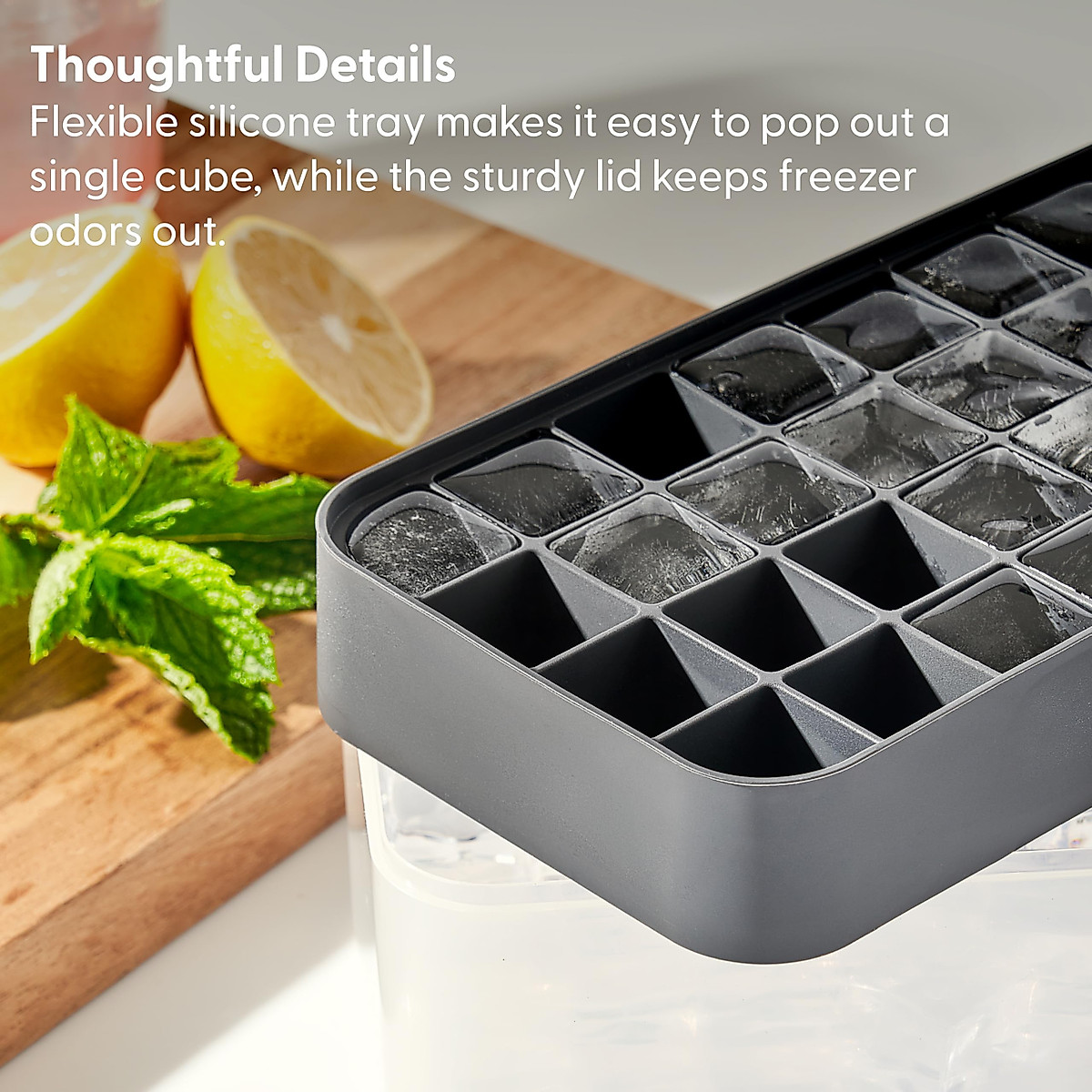 W&P Ice Box Silicone Ice Cube Tray with Lid & Bin, Holds 96 Cubes, Easy Release, Space-Saving Stackable Design, Dishwasher Safe, Cream, Large