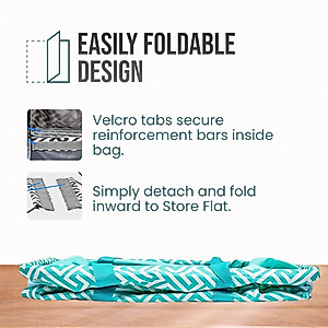 Lucazzi Extra Large Utility Tote Bag - Oversized Collapsible Reusable Wire Frame Rectangular Canvas Basket With Two Exterior Pockets For Beach, Pool, Laundry, Car Trunk, Storage - Geometric Teal