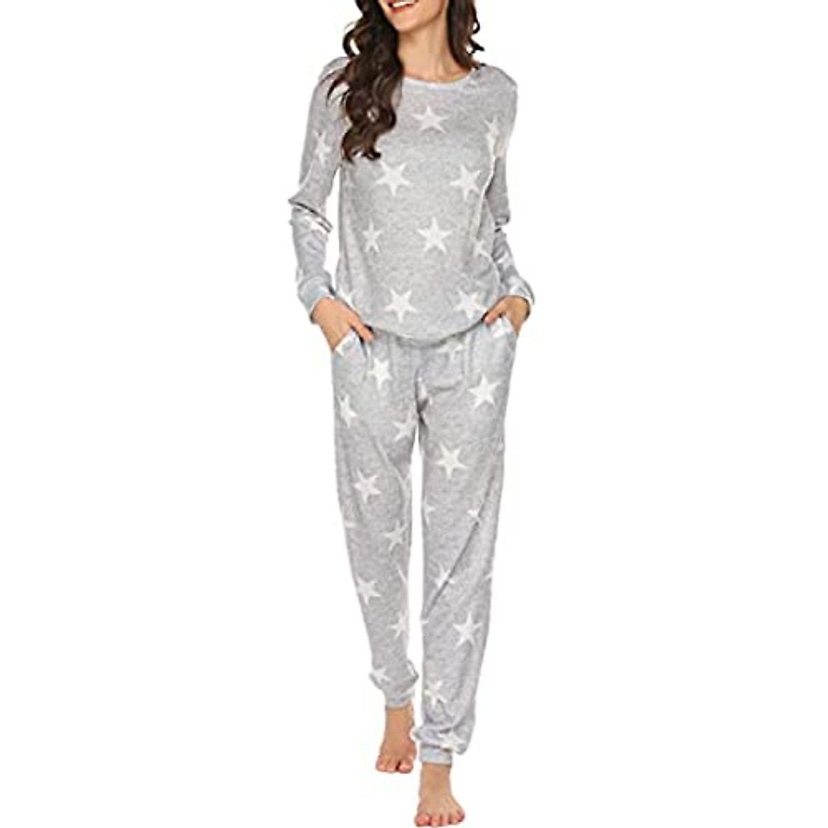 Ekouaer Womens Pajama Set Long Sleeve Sleepwear Star Print Nightwear Soft Pjs Lounge Sets with Pockets light Grey White Star Medium