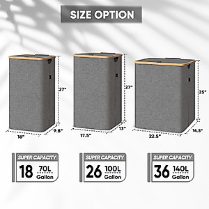 BALEINE Laundry Hamper with Lid, Tall Laundry Baskets with Bamboo Pull Handles, Large Laundry Bin with Internal Support (26 Gal/100L, Beige)