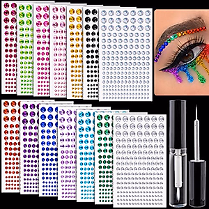 2758 Pcs of Rhinestone Stickers 3/4/5/6/8mm with 14 Colors Self Adhesive Face Gems, Stick on Body Crystal Jewels with Quick Dry Makeup Glue for Face Eye Hair Nails Make up and Craft DIY Decorations
