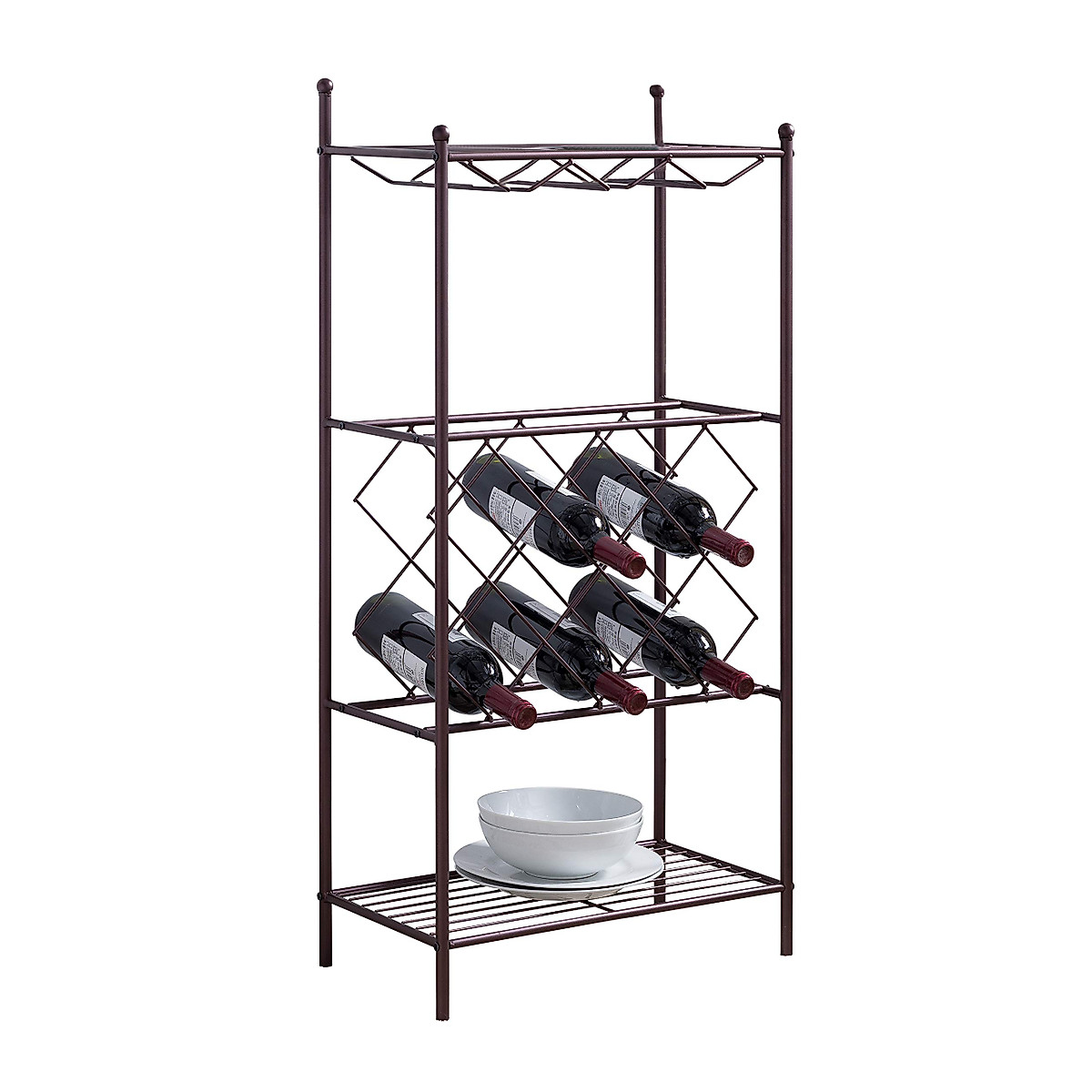 Kings Brand Furniture - Keyent Metal Wine Rack Stand - Liquor Bottle Rack with Glass Holder & Shelves - Freestanding Wine Bottle Holder Rack - Space-Saving Bronze Finish Metal Wine Rack - Metal