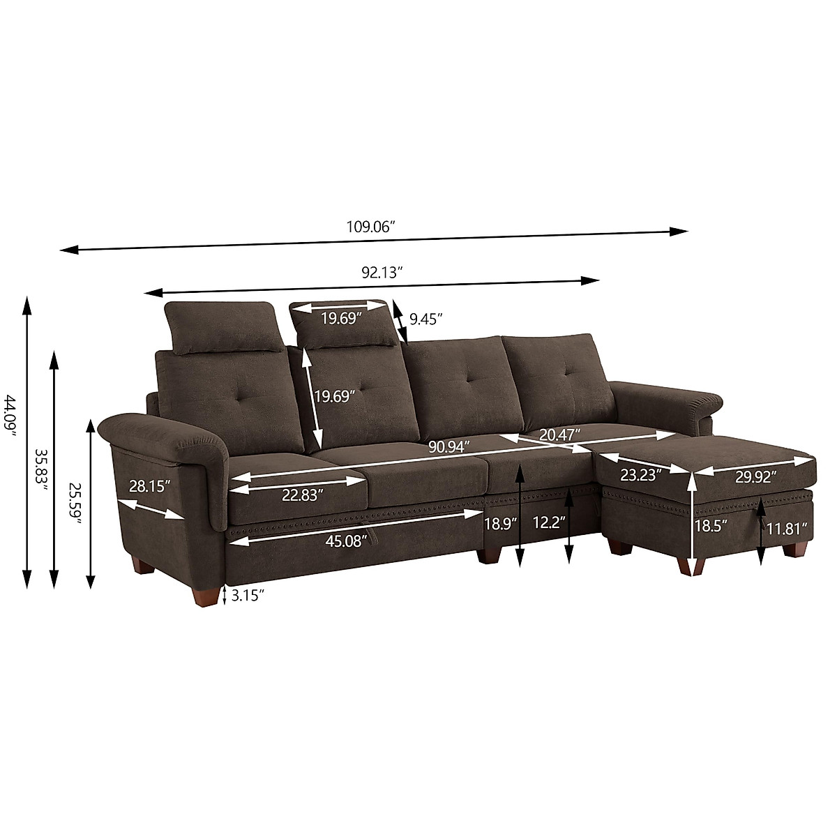 Tornama 109" Convertible Sectional Sofa L Shaped Couch wtih Storage, Modern 4 Seater Upholstered Fabric Couch with Hidden Coffee Table and Chaise for Living Room, Coffee (Coffee)