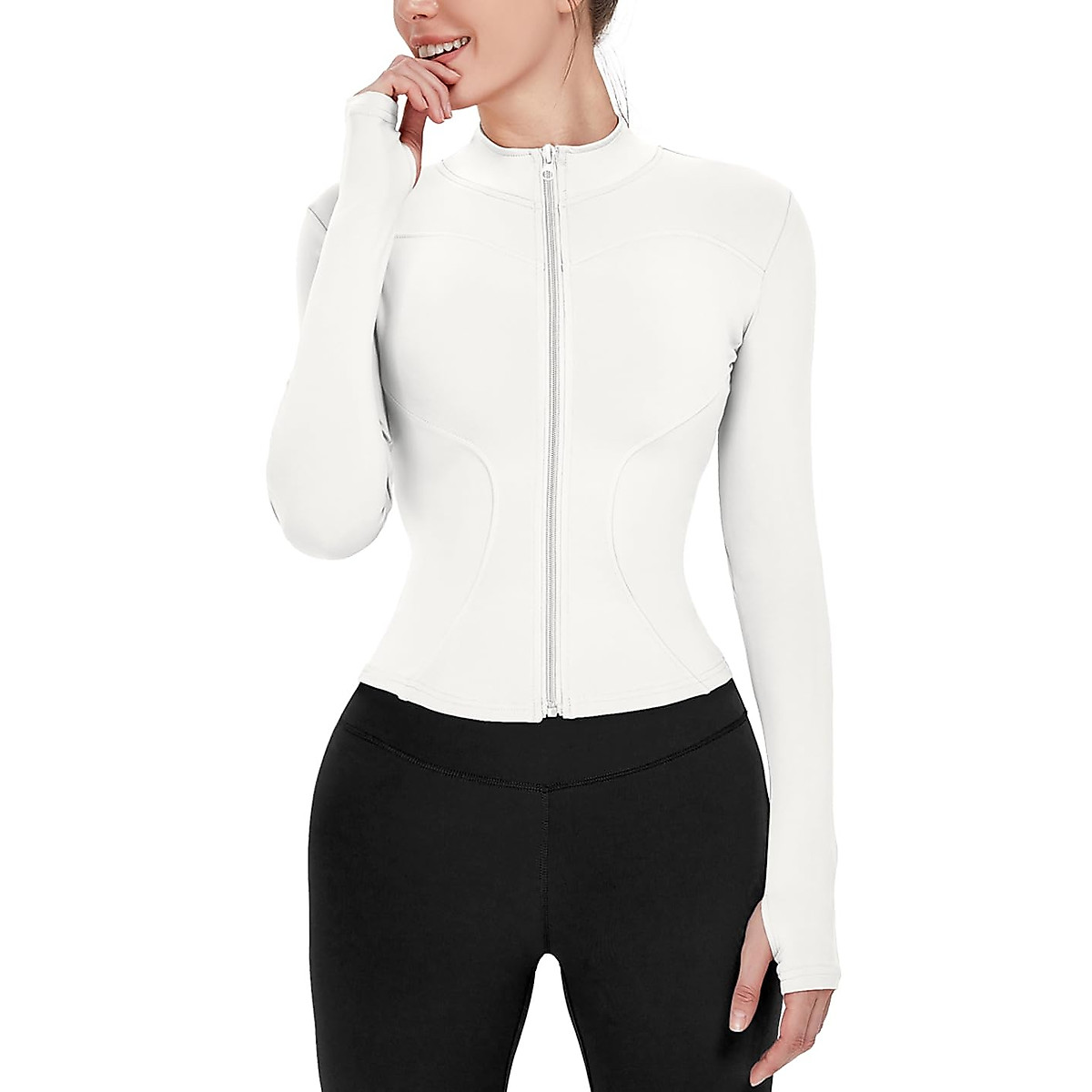 Gacaky Women's Slim Fit Lightweight Athletic Full Zip Stretchy Workout Running Track Jacket with Thumb Holes White S