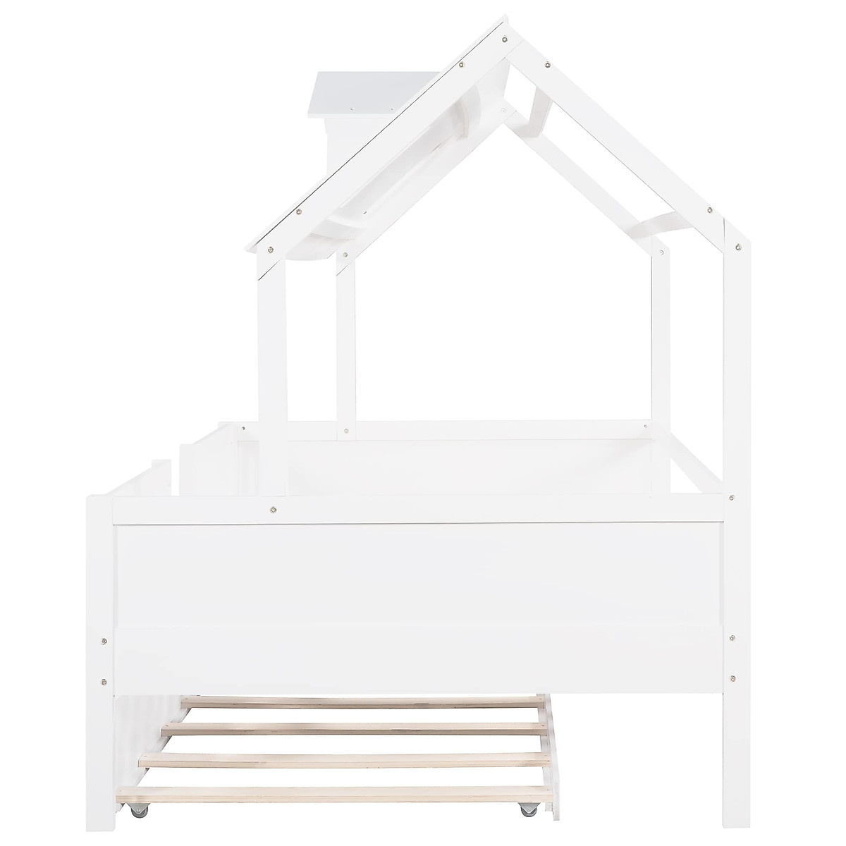 MERITLINE Full House Bed with Trundle, Wooden Platform Bed Frame with Roof, for Kids Teens Girls Boys - White