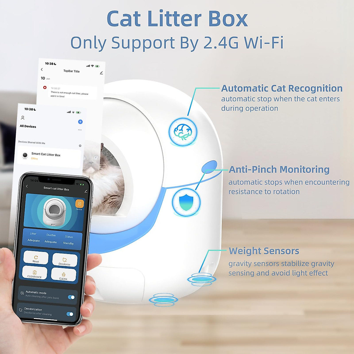 Self-Cleaning Cat Litter Box, Automatic Cat Litter Box for Multiple Cats with APP Control/Odor Removal/Safety Protection, Large Capacity Litter Cat Box with Mat & Liner & Brush & Pet Ball Toy