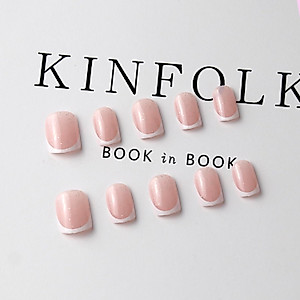 BFY French Press on Nails Short Square Fake Nails, Classic White French Tip Acrylic Nails, Glitter Nude Glossy Gel False Nails Kits Salon Quality Stick Glue on Nails Tip 24 Pcs