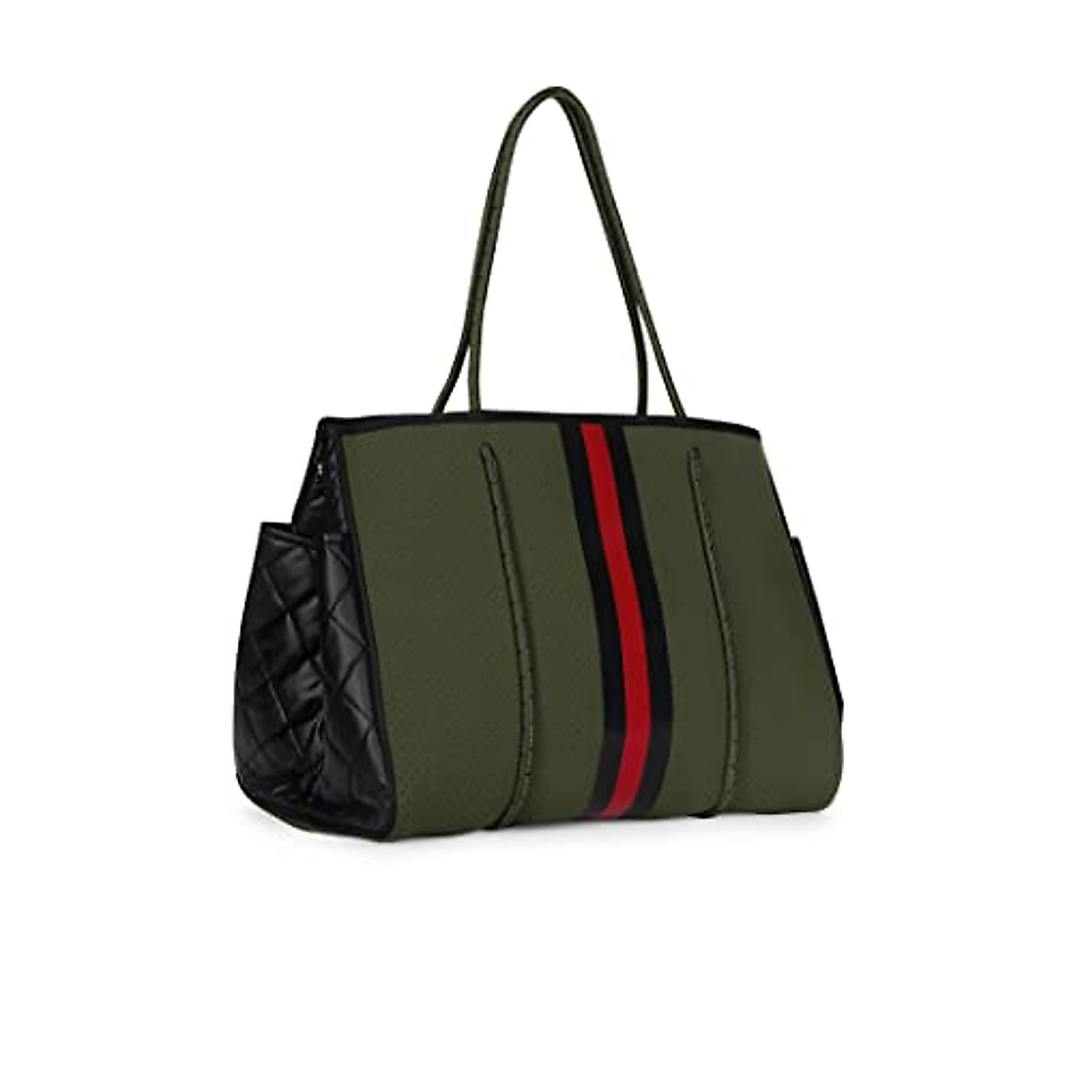 Haute Shore - Greyson Avenue Neoprene Tote Bag w/Zipper Wristlet Inside, Army W/Black & Red Stripe