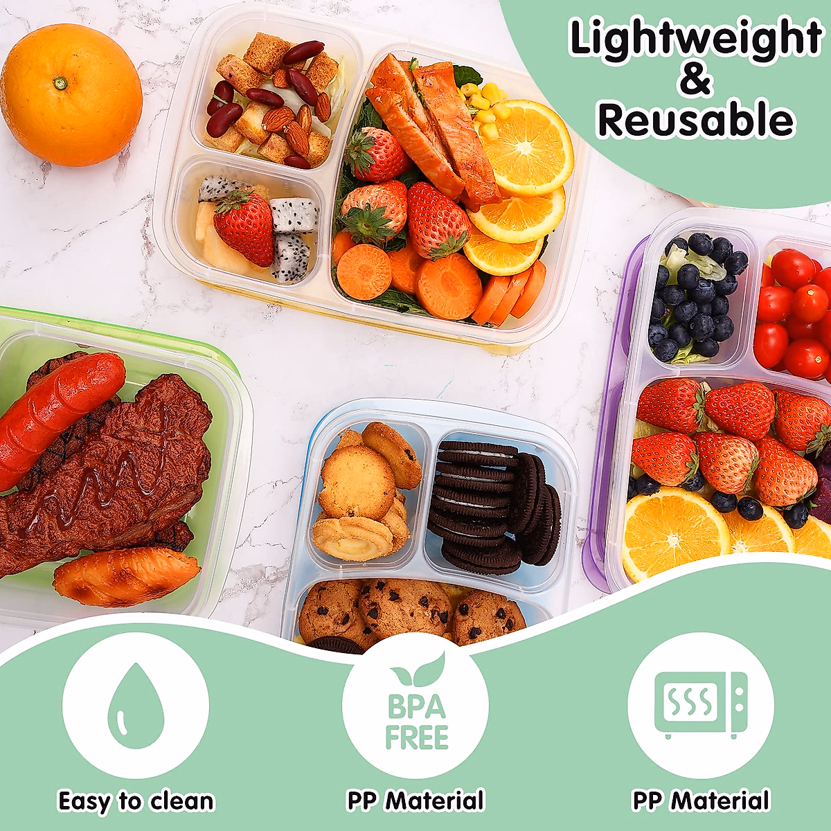 Kipeber 7 Pack Meal Prep Containers 3 Compartment,Reusable Bento Lunch Box,Plastic Divided Lunch Containers with Lids,Divided Food Storage Containers Microwave Freezer Dishwasher Safe for Work travel