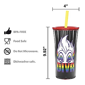 Zak Designs Disney Halloween Rainbow Collection Double-Wall Insulated Plastic Tumbler for Cold Drinks, Travel Cup with Splash-Proof Lid and Straw Made with Durable Materials (Ursula, 20 oz, Non BPA)