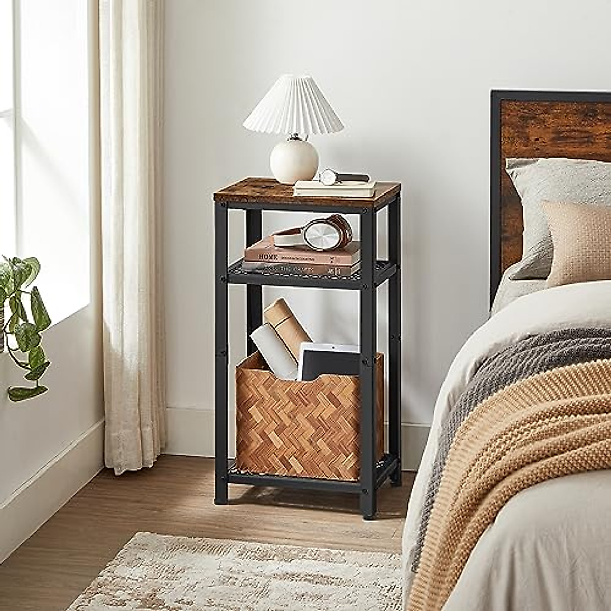 VASAGLE Tall Side Table, Telephone Table, End Table with 2 Mesh Shelves, for Living Room, Bedroom, Home Office, 11.8 x 15.7 x 29.5 Inches, Rustic Brown and Black ULET75BXV1