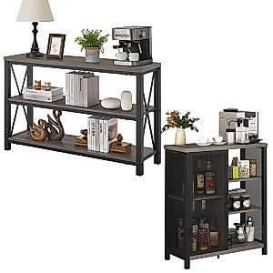 BON AUGURE Industrial Coffee Bar Cabinet for Home, Rustic Console Table Behind Couch, Wood and Metal Furniture Set for Living Room(Gray Oak)