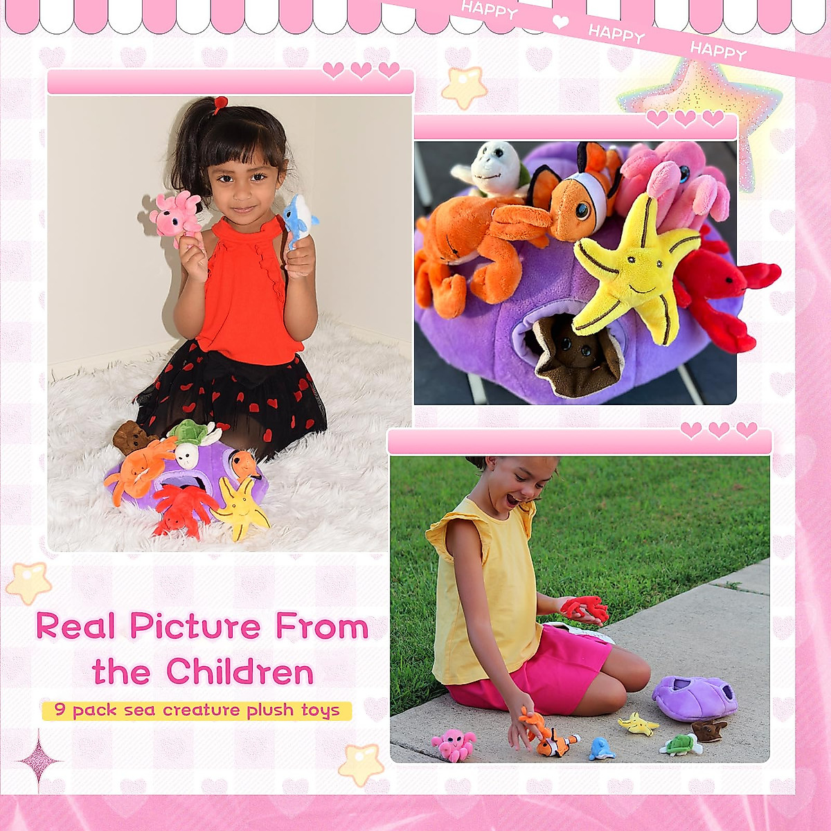 Muiteiur Plush Soft Ocean Animals Set with Plush Sea Shell House Includes Stuffed Turtle, Lobster, Crab, Dolphin, Devil Fish, Octopus, Starfish, Clownfish (Multicolor,8 Piece)