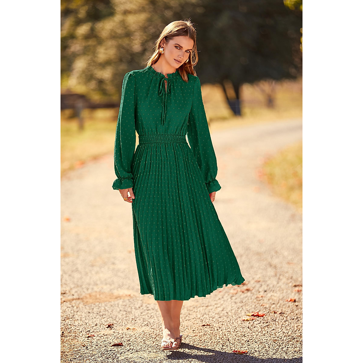 PRETTYGARDEN Women's 2025 Spring Fall Midi Dress Casual Long Sleeve V Neck Swiss Dot Pleated A Line Flowy Dresses (Dark Green,Medium)