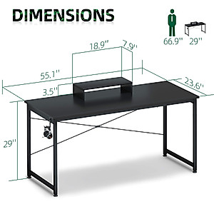 OTK Computer Desk 55" with Movable Monitor Shelf Riser, Sturdy Home Office Desk, Writing Desk, Gaming Desk with Headphone Hook, Computer Work Station, Work Table, Black