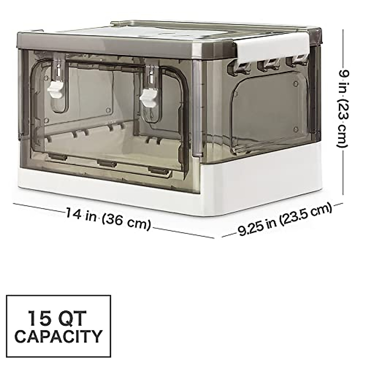 EZOWare 15 Quart Stackable Lidded Plastic Storage Bins with Front Opening and Wheels, 2 Pack Foldable Organizer Cube Box Containers with Latch Lid - White and Clear Gray