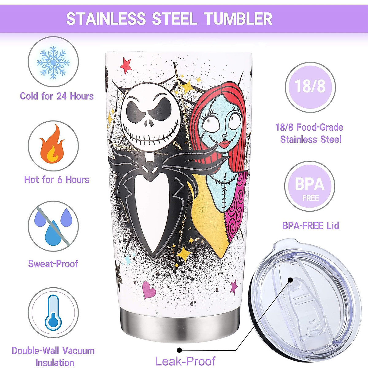 LAZYKITTY Nightmare Before Christmas Tumbler Cup with Straws and Lid, Jack and Sally Nightmare Before Christmas Gift for Women Friend Wife Daughter, Double-wall Stainless Steel Vacuum Insulated, 20 Oz