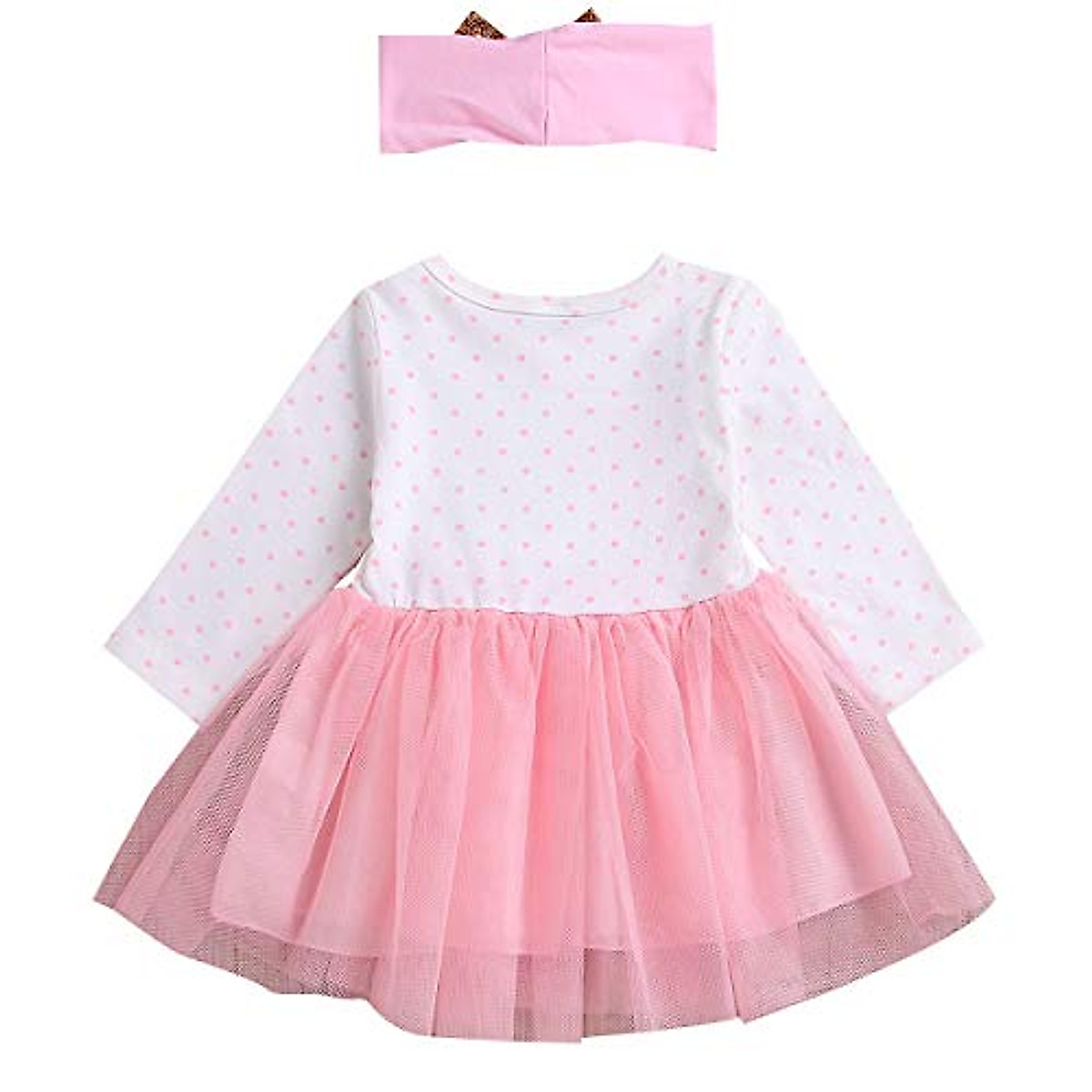ODASDO Newborn Infant Baby Girl First 1st Birthday Party Princess Tutu Tulle Dress Donut Print Golden One Year Party Cake Smash Outfit Long Sleeve Cotton Casual Clothes + Headband 2pcs Set 18-24M