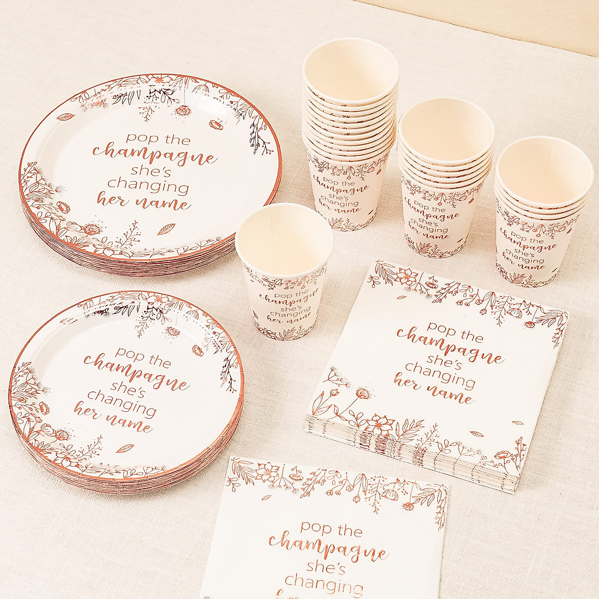 Crisky Rose Gold Bachelorette Napkins Plates Cups Set for Bridal Shower Wedding Engagement Party Decorations Supplies, Disposable Tableware Set of 24 (Pop, She is Change Her Name)