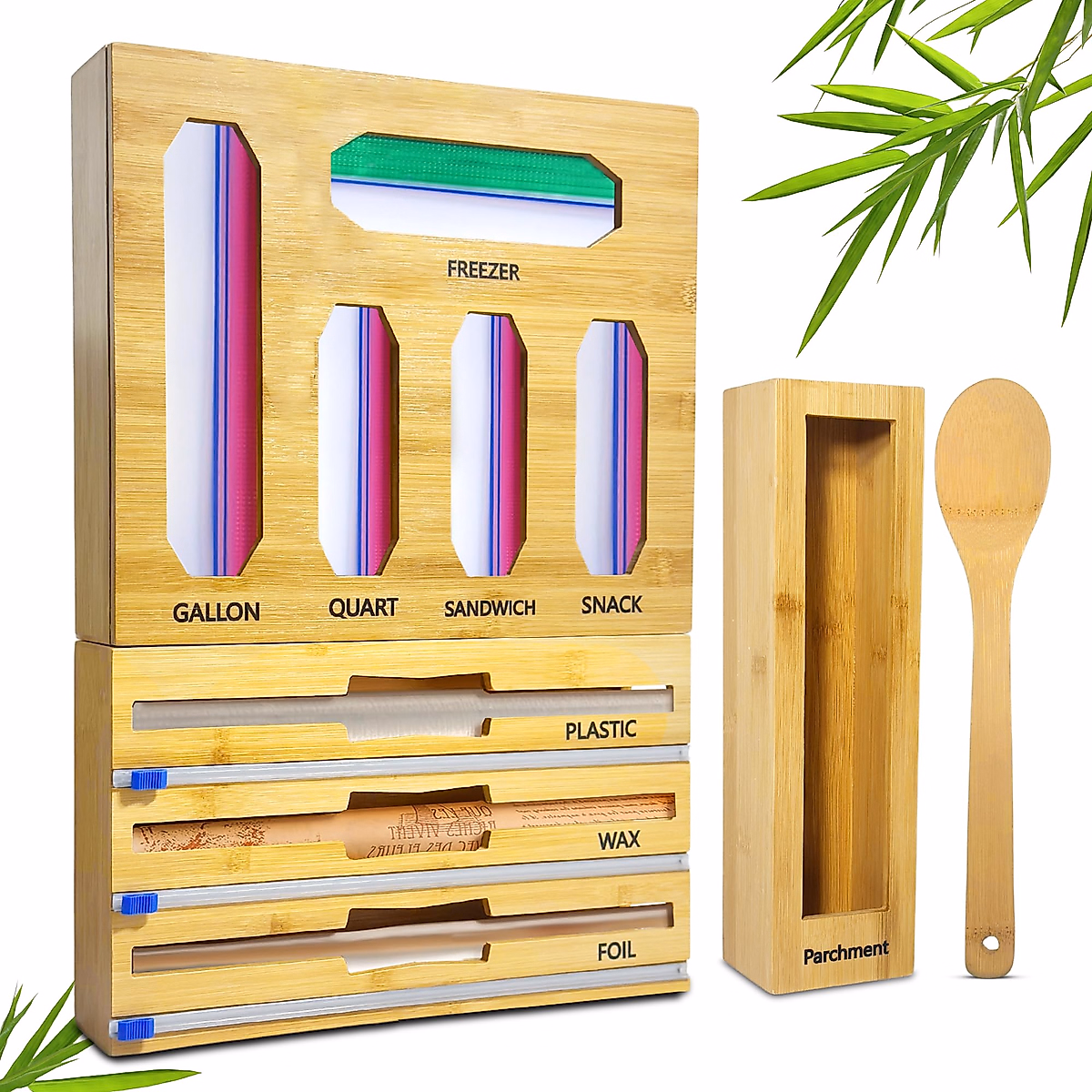 Bamboo Zip Lock Bag Kitchen Drawer Organizer - 9-in-1 Wrap Dispense with Cutter, Compatible with Gallon, Quart, Sandwich, and Snack Bags