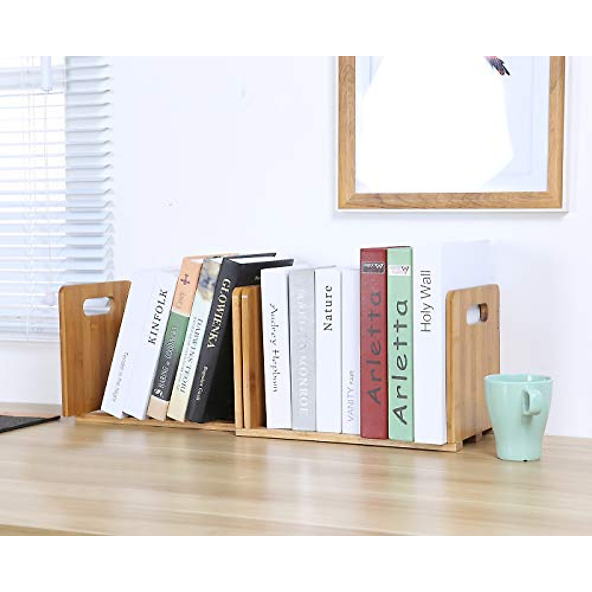 Salafey Expandable Desktop Bookshelf,Bamboo Desktop Bookcase,Mini Bookshelf Organizer Tabletop Bookshelf for Office Home Tabletop