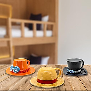 Eoilya Anime One Piece Coffee Mug Cup with Saucer Luffy Straw Hat Ceramic Tumbler Merchandise Gifts Sets for Adults Fan's Gift or Souvenir (Luffy)