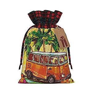 Allgobee Christmas Drawstring Gift Bags Vintage-Bus-Surfboard-Flower Buffalo Plaid Drawstring Bag Party Favors Bags