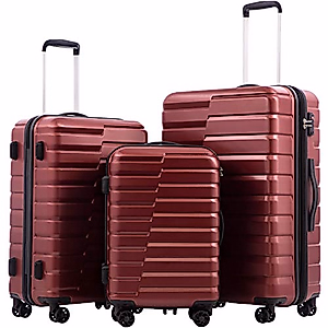 COOLIFE Expandable Suitcase PC ABS TSA Luggage Lock Spinner Carry on (wine red, 3 piece set)