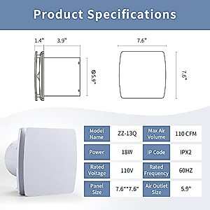 Zeyzer Exhaust Fan 110 CFM 1.0 Sones 5.9" Duct White Square Quiet Powerful Ceiling or Wall-Mount Ventilation Fan for Bathroom/Corridor/Office/Laundry Room/Shop