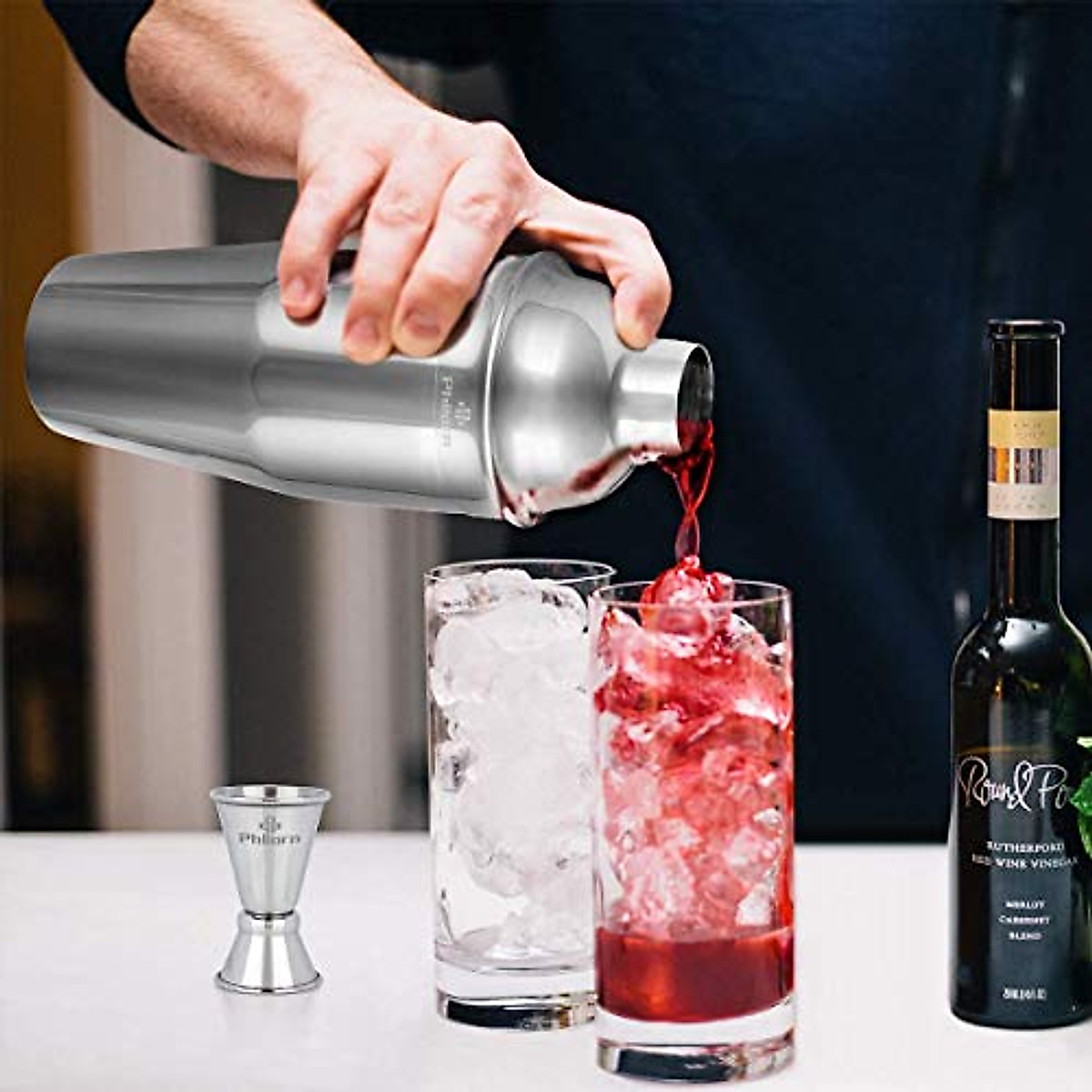 PHILORN 2 Set Double Jigger 0.5 & 1 oz 304 Stainless Steel with Recipe 15ml & 30ml Measuring Cup Measure Liquor Quickly Accurately Cocktail Jigger Round Edge and Thin Waist for Comfort Holding