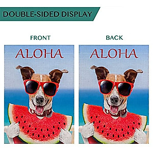 Uanvaha jack Russell dog Garden Flags for Outside 12.5X18 Double Sided ALOHA cute puppy on hammock beach eating watermelon Outdoor Banner Flag Burlap Yard Home Decorations