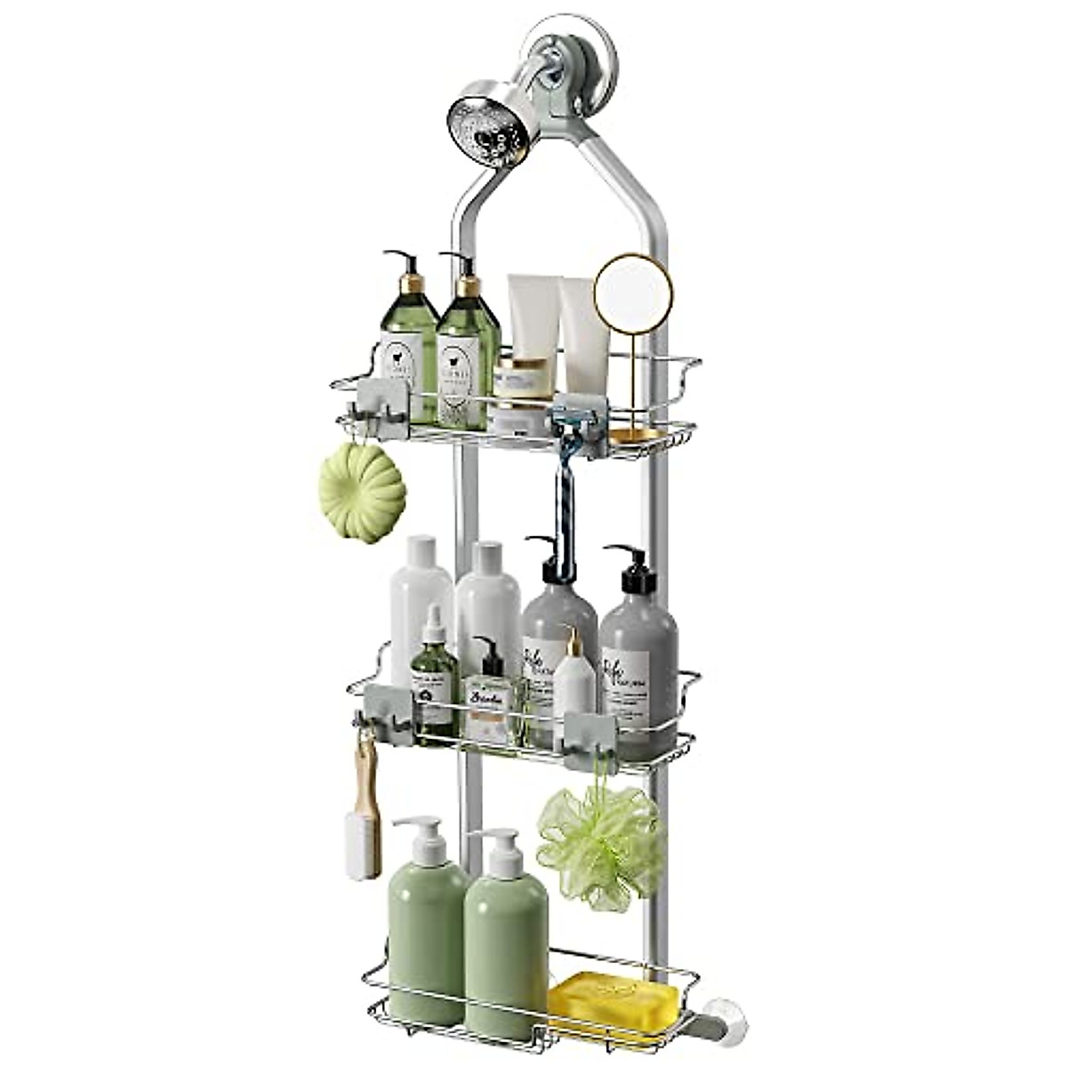 Thideewiz 3 Tier Hanging Shower Caddy over Shower Head, Silver Rustproof Shower Organizer with Hooks, Anodized Aluminum Rod and Stainless Steel Shelf