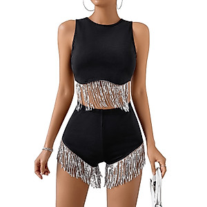 SweatyRocks Women's 2 Piece Party Outfits Sequins Fringe Trim Slim Fit Crop Tank Top and Shorts Set Black XL