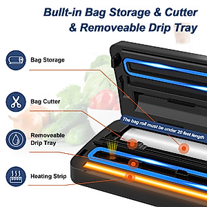 Weochi Vacuum Sealer Machine, 85Kpa Food Sealer with Built-in Cutter and Bag Storage(Up to 20 Feet Length), Dry & Moist Food Modes, Touch Control Panel, LED Indicator Lights, Compact Design, Silver