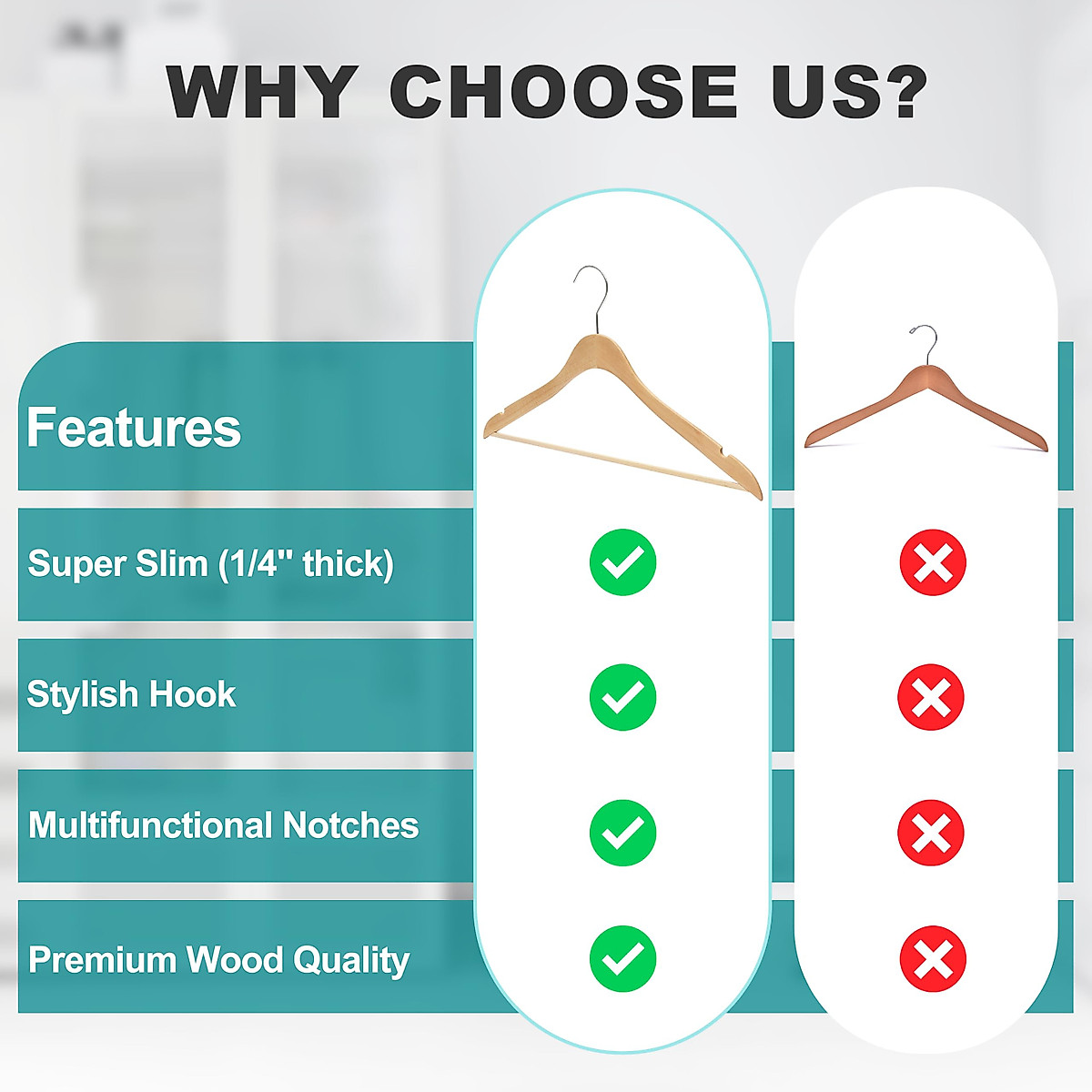 Quality Hangers 16.5" Wooden Hangers Multi Pack, Ultra Thin Space Saving Natural, 360 Degree Swivel Hook, Best for Shirts, Blouses, Pant, Suit, Coat, Dress Hangers Natural (20, Natural, With Pant Bar)