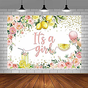 AIBIIN 7x5ft Lemon Baby Shower Backdrop It's A Girl Pink Flowers Balloons Photography Background Baby Shower Party Decorations Banner Cake Table Photo Booth Props