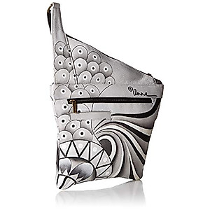 Anna by Anuschka womens Medium Anna Anuschka Handpainted Women s Genuine Leather Asymmetric Slim Crossbody Bag with Zippered Poc, Patchwork Pewter, One Size US